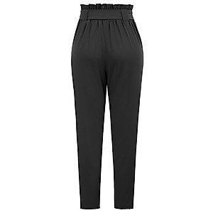 GRACE KARIN 2 Pack Women Paper Bag Pants Elastic High Waist Bow-Knot Casual Pencil Pants with Pocket Black+Blue Gray L