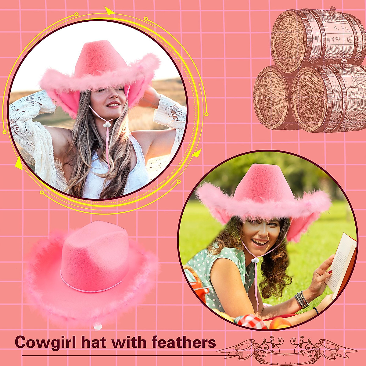 SGBETTER 6 Pack Pink Cowboy Hat Adult Western Cowboy Cowgirl Hat with Feather for Women Bachelorette Party Dress Up Costume Accessories