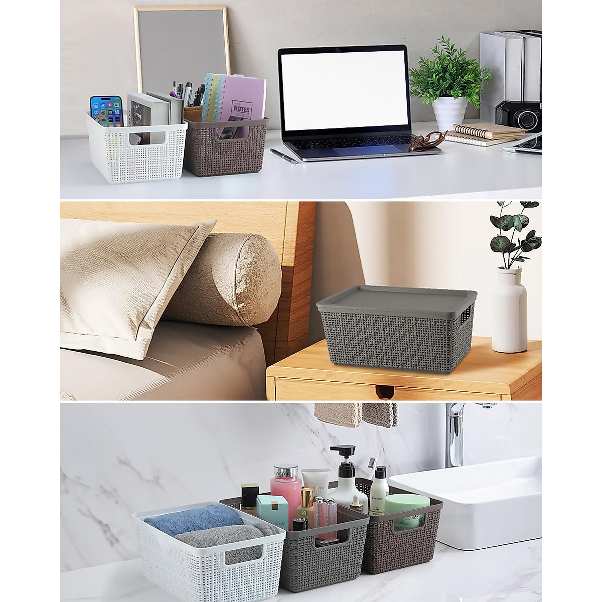 EOENVIVS Plastic Storage Baskets with Lids Kitchen Organizers and Storage Containers Organizer Bins Small Baskets for Shelves Drawers Desktop Closet Playroom Classroom Office, Brown, 6 Pack