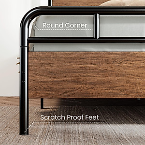 SHA CERLIN King Size Bed Frame with Wooden Headboard and Footboard, Rounded Corner Metal Frame, Heavy Duty Platform Bed with Under Bed Storage, No Box Spring Needed, Walnut