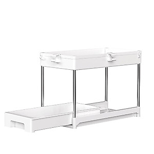 RIAAJ Kitchen Sink Shelf Pull Out Under Sink Organiser and Storage 2-Tier Sliding Cabinet Basket Organizer Drawers Bathroom Cabinet Organiser with Hooks for Desktop Kitchen Sink Organizer, White