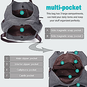 DOURR Women's Multi-pocket Shoulder Bag Fashion Cotton Canvas Handbag Tote Purse (Gray - Medium Size)