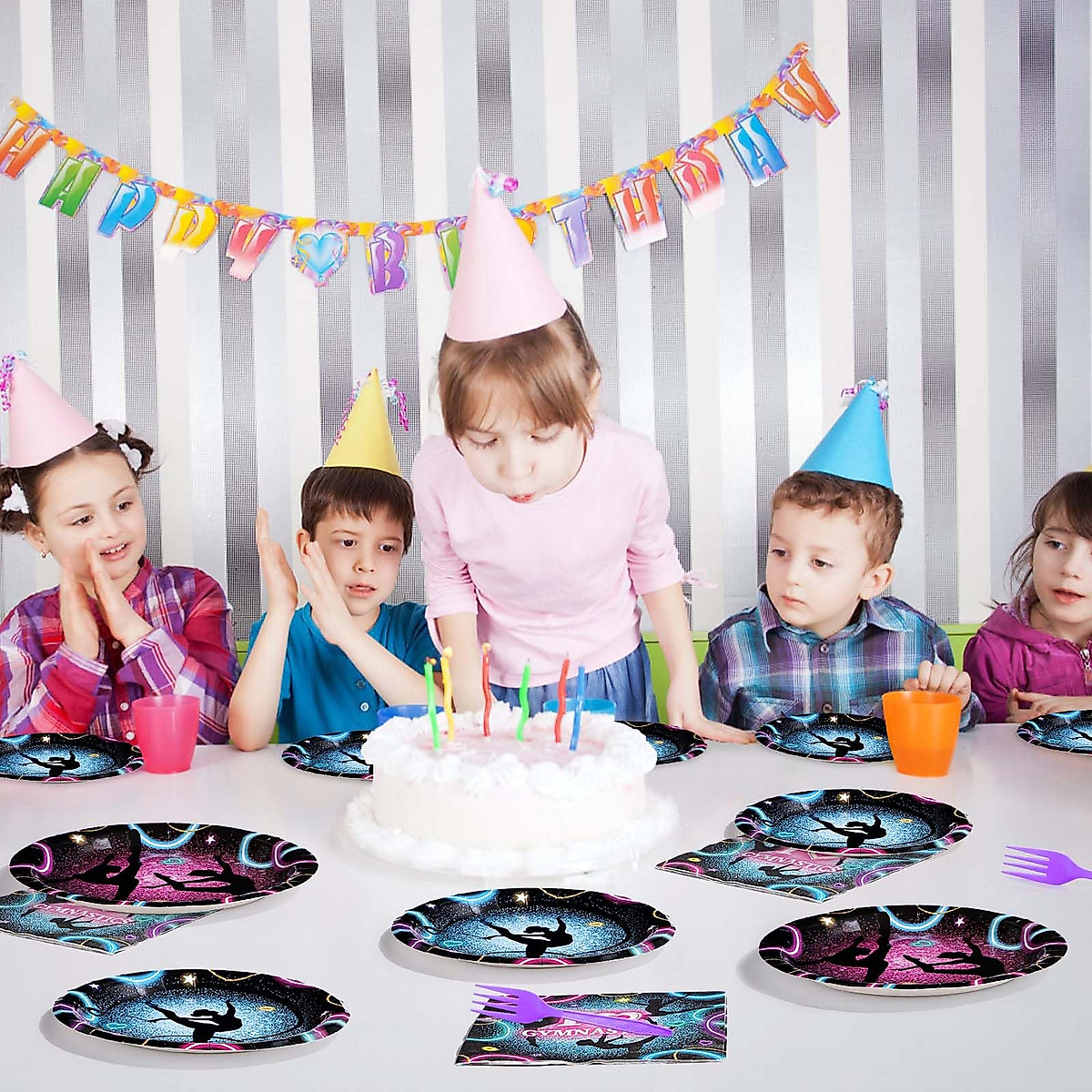 96Pcs Gymnastics Birthday Party Supplies Gymnastics Party Plates Disposable Paper Gymnastics Tableware Set for Girls Gymnastics Birthday Baby Shower Decorations, Serves 24