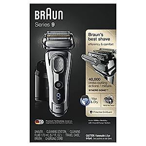Braun Electric Razor for Men, Series 9 9296CC Electric Shaver With Precision Trimmer, Rechargeable, Wet & Dry Foil Shaver, Clean & Charge Station & Leather Travel Case