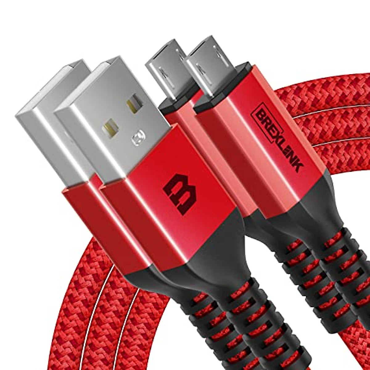 Micro USB Cable Android, BrexLink Micro USB to USB 2.0 Cable Nylon Braided Fast Charging Cable Compatible with Samsung, Kindle, Android Phones, Galaxy S7 Edge, Moto G5, PS4 (6.6ft+6.6ft, Red)