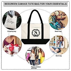 BeeGreen Initial Tote Bag for Women Mother Teacher Personalized Tote Bags for Wedding Beach 12oz Canvas Large Embroidery Monogrammed Gifts Bag w Front & Inner Pocket for Christmas(Letter S)