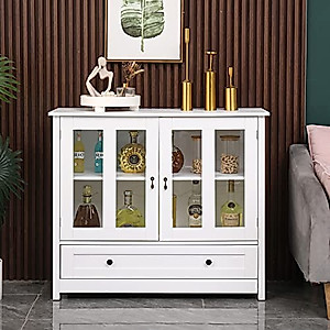 Large Buffet Cabinet for Living Room Kitchen, White Storage Sideboard with Glass Doors and Drawer, Credenza Console Table for Dining Room Entryway, Wooden Serve Cupboard Pantry Cabinet with Shelves