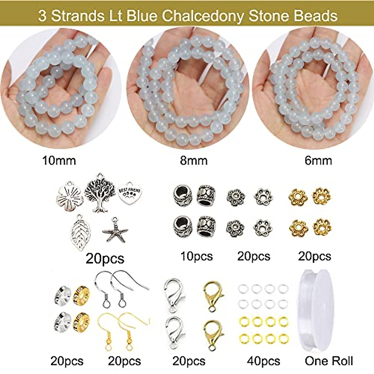 PAMIR TONG 146pcs Natural Chalcedony Beads Gemstone Jade Beads Round Loose Beads DIY Smooth Beads for Bracelet Necklace Earrings Jewelry Making with Stretch Cord & Jewerly Findings CB14 Lt Blue