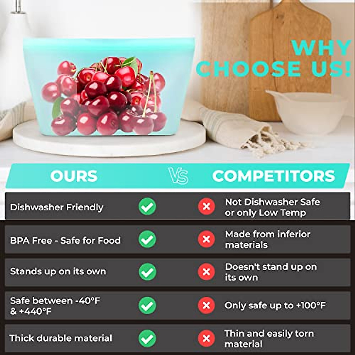 Reusable Silicone Food Storage Bags (Large 32oz = 1 Quart). These Zip Top Reusable Silicone Containers Make Great Freezer, and Oven Bags and Can Handle Extreme Temperatures. Airtight Zip Seal.