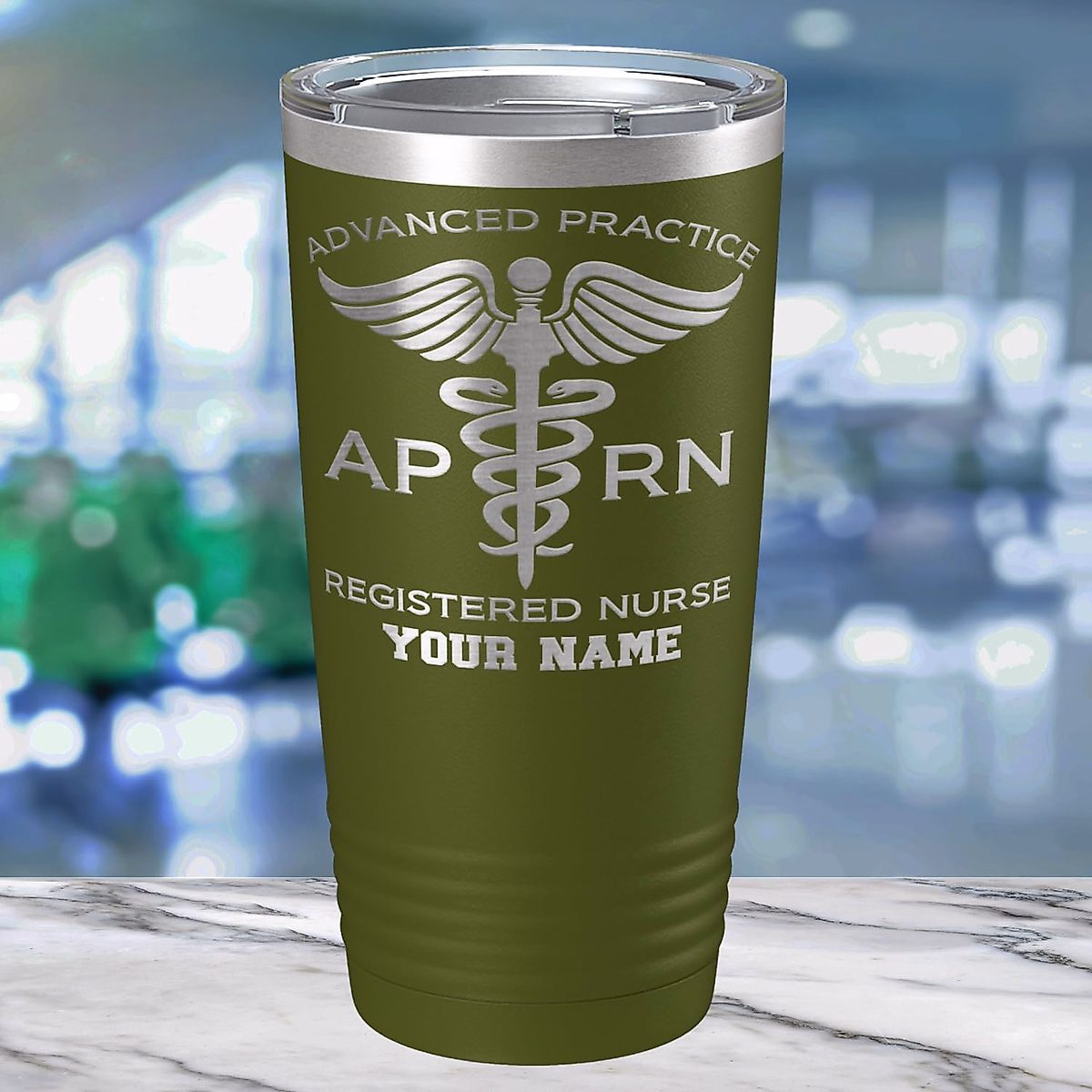 Personalized APRN Advanced Practice Registered Nurse Gift on Army Green 20 oz Stainless Steel Tumbler with Lid - Insulated Cup - Custom Travel Mug
