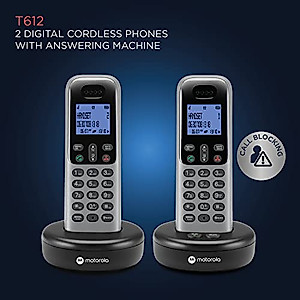 Motorola Voice Cordless Phone System w/ 2 Digital Handsets + Answering Machine, Remote Access, Call Block - Dark Grey (T612)