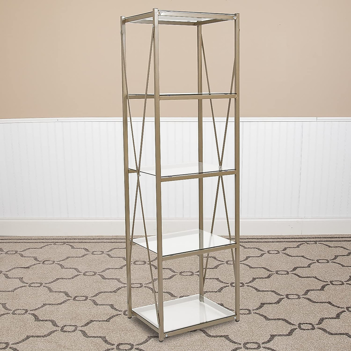 Flash Furniture Mar Vista Collection 4 Shelf 64"H Cross Brace Glass Bookcase in Matte Gold