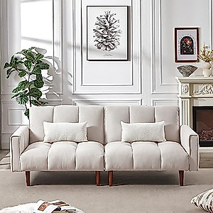 Antetek 81-inch Futon Sofa Bed, Modern Tufted Linen Fabric Convertible Sleeper Sofa Couch, Oversized Loveseat Sofa with 3 Adjustable Positions and 8 Wooden Legs for Living Room Office, Beige