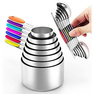 TILUCK measuring cups and magnetic measuring spoons set, stainless steel measuring cups, 6 double-sided stainless steel measuring spoons & 1 leveler (7+7)