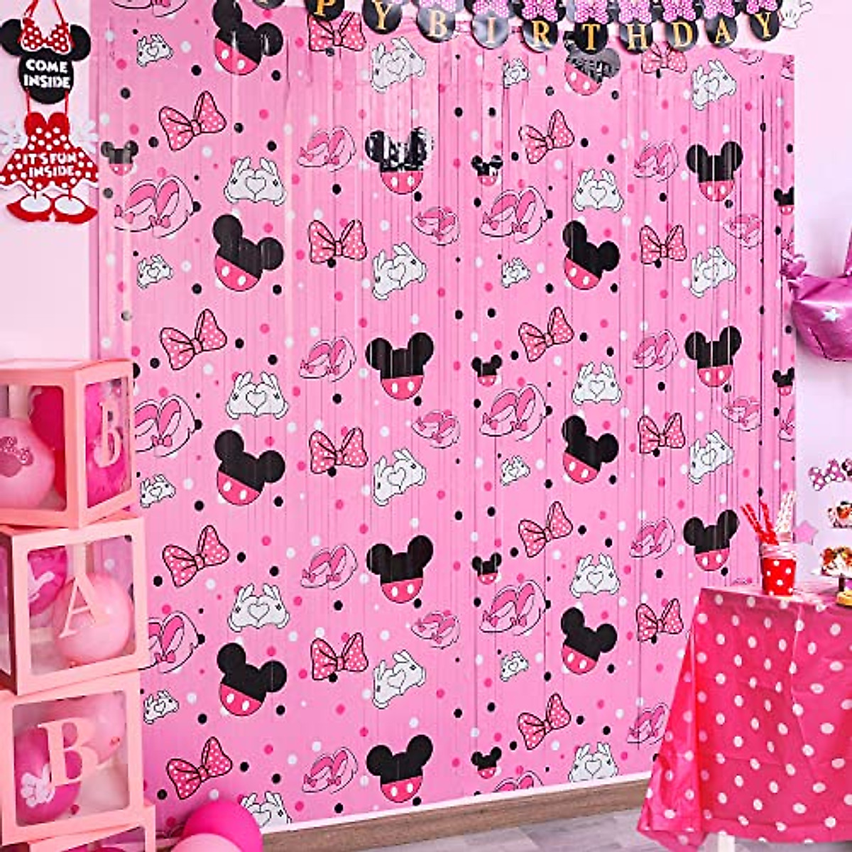 Bupelo Minnie Birthday Party Supplies, 2 Pack Minnie Tinsel Foil Fringe Curtains, Minnie Themed Patterns Photo Booth Prop Backdrop Streamer, Minnie Birthday Party Decorations, Room Decor for Kids