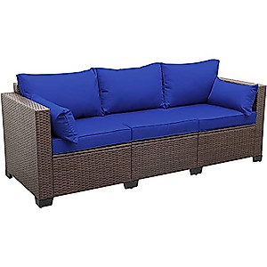 3-Seat Patio PE Wicker Sofa, Outdoor Rattan Couch Furniture Steel Frame with Furniture Cover and Deep Seat High Back, Royal Blue Anti-Slip Cushion