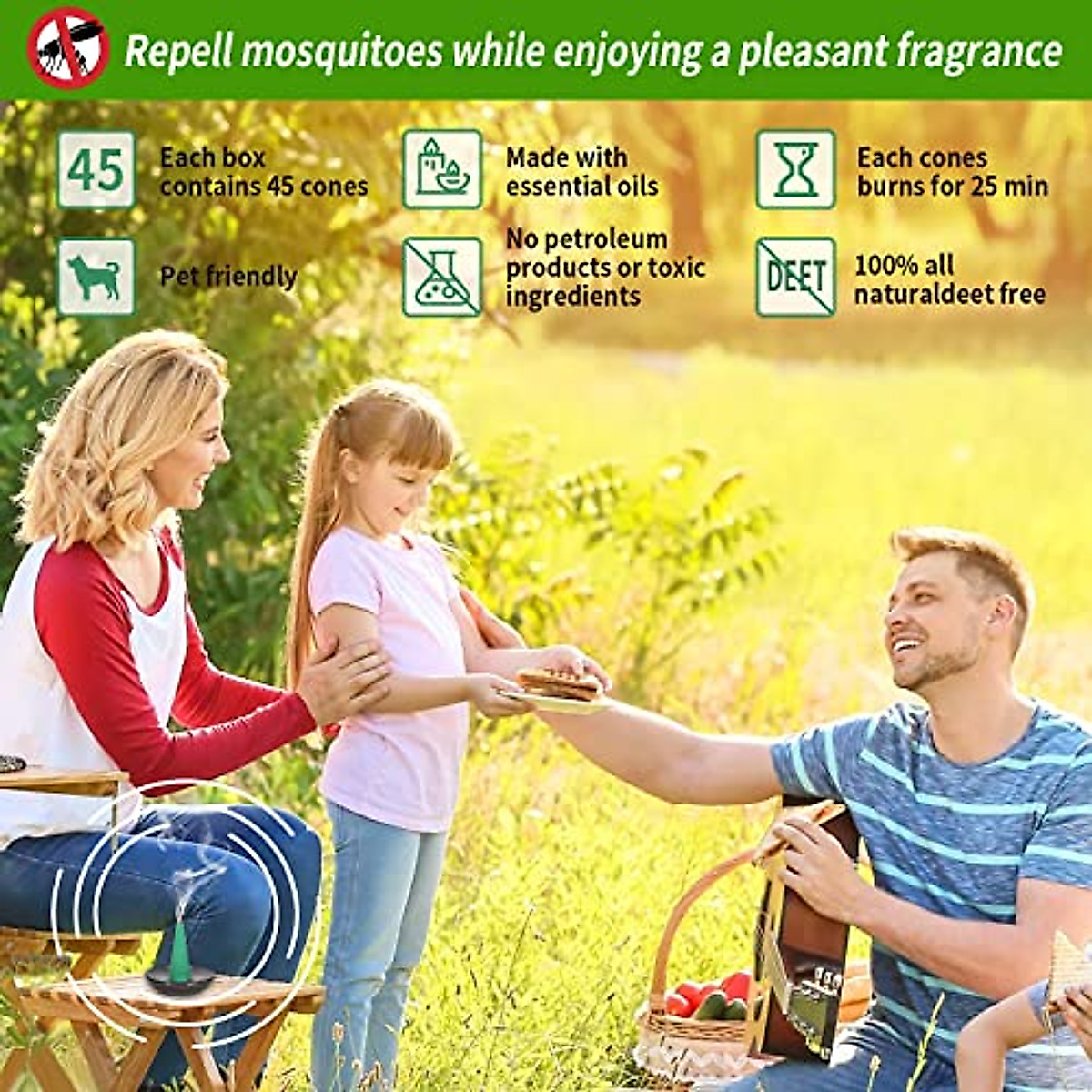 Mosquito Repellent Incense Cones Bug Repellent Outdoor 45 Cones 100% Natural.Made with Natural Lemongrass & Rosemary Oil Non Toxic and DEET Free-Includes 2 Ceramic Dishes