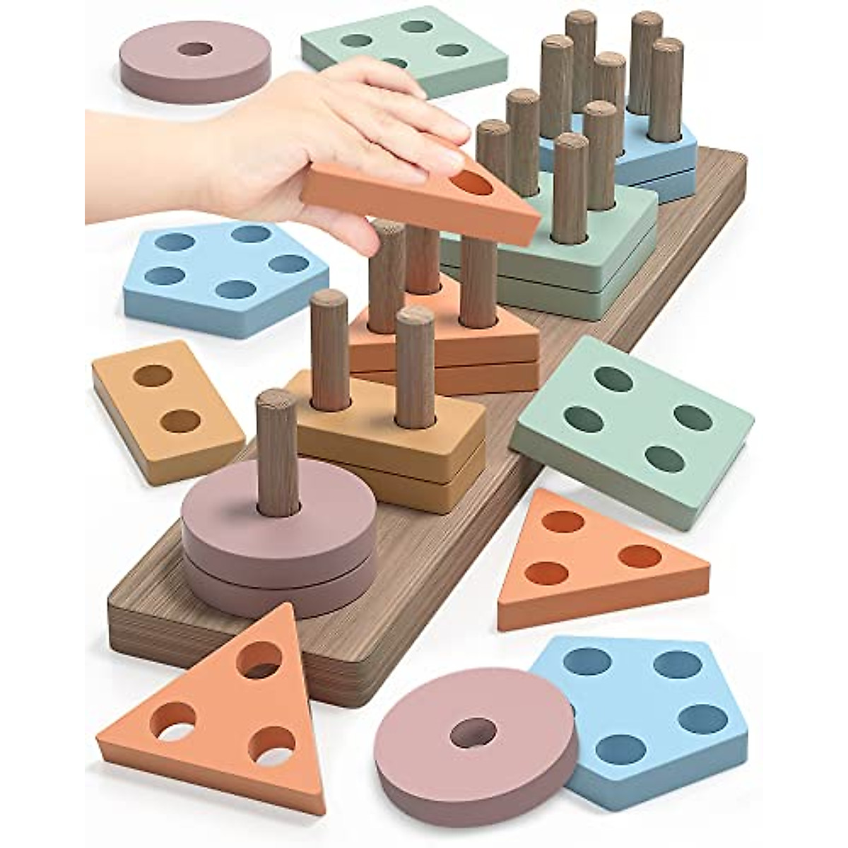 Montessori Toys for 1 2 Year Old Boy and Girl, Shape Sorter Wooden Toys for Toddlers 1-3, Toddler Toys age 1-2, 1 2 Year Old Girl Boy Gifts,Sorting and Stacking Education Preschool Toys - Coffee