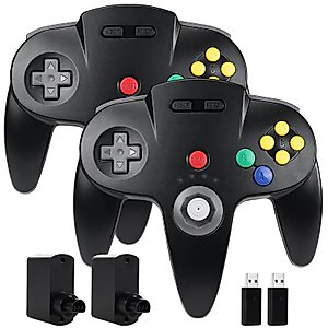 2 Pack 2.4 GHz Wireless Switch N64 Controller, USB Receiver & N64 Receiver, Compatible with Windows PC iOS Mac Raspberry Pi, N64 / Switch Online/NSO - (Rechargeable) (Plug and Play) - Black