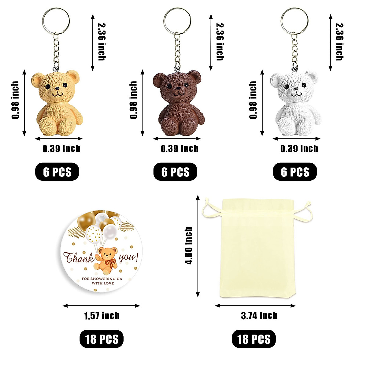 BUYWUMORE 18 Sets Bear Party Favors Mini Bear Keychains with Gold Organza Bags Thank You Tags for Baby Shower Bear Theme Party Return Favors Goodie Bag Decor Classroom Rewards Supplies（Mini Bear）