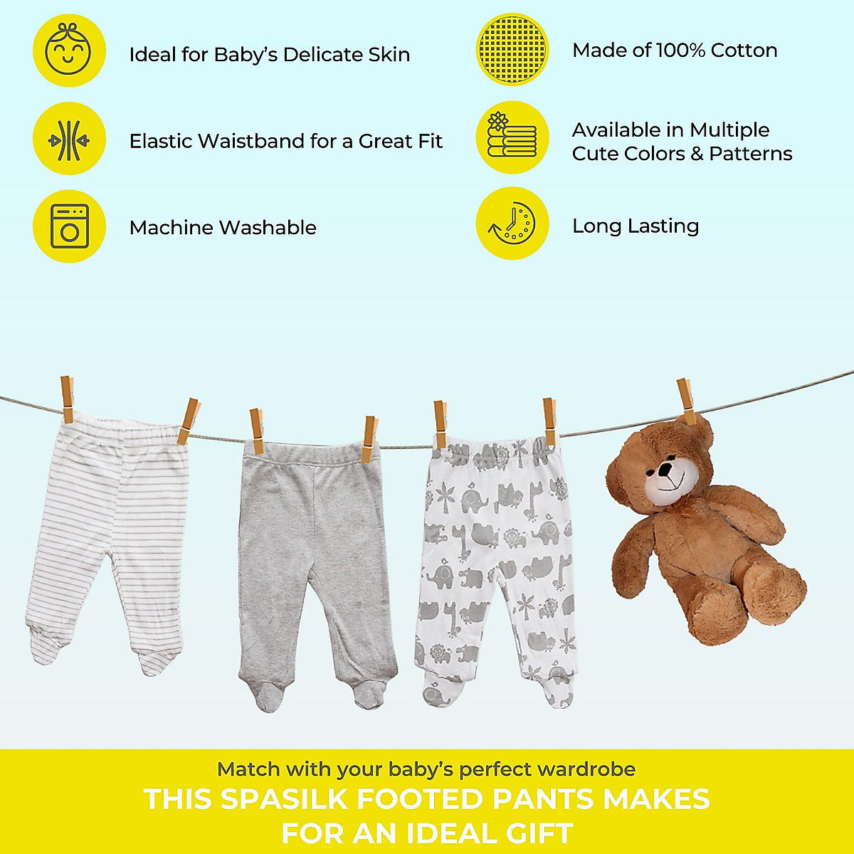 Spasilk Baby Boys' Cotton Pull on Footed Pants, Pack of 3, Gray Animals, 3 Months