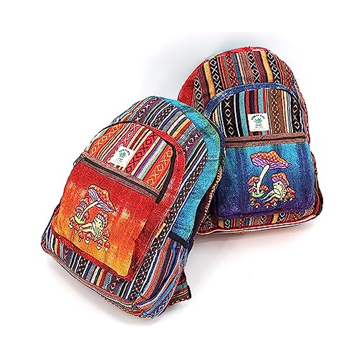 Unique Frog & Mushroom Embroidered Himalaya Hemp Hippie Backpack Festival Backpack FAIR TRADE Handmade with Love. (LARGE)