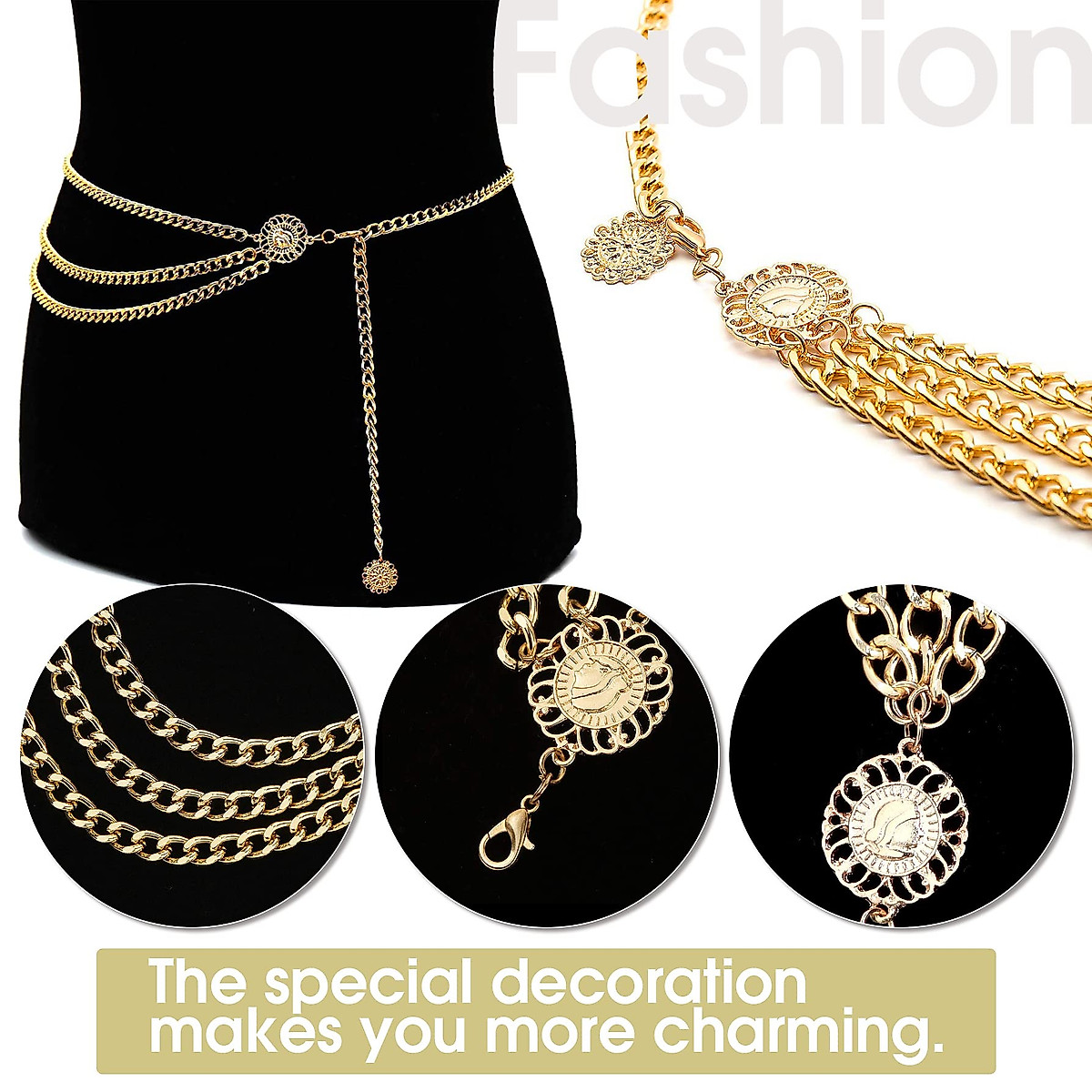 Yomiie Waist Chain Gold Coin Belly Body Chains Layered Sexy Geometry Coin Luxury Fashion Jewelry Boho Hot Bikini Beach Anniversary Festival Gift for Women Lady Girls