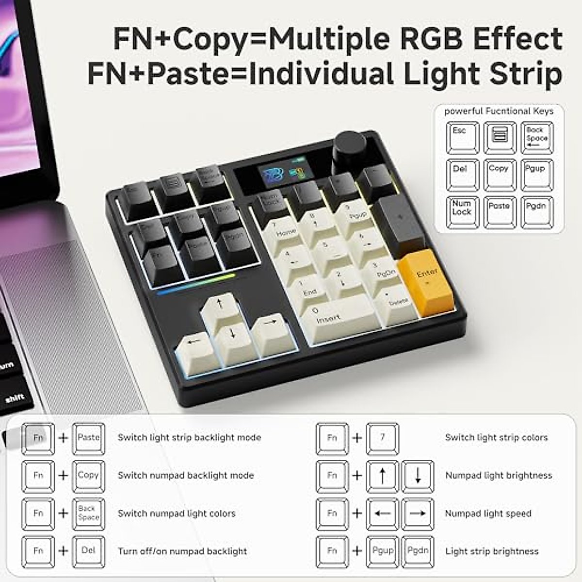 BOYI TD31Pro Mechanical Number Pad,Bluetooth5.0/2.4G/Type-C Wireless Numeric Keypad,RGB HotSwap Numpad with Screen&Knob,PBT Keycaps Rechargeable Gasket Number keypad for PC Laptop Desktop(Black-Grey)