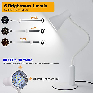 CeSunlight LED Desk Lamp, 3 Lighting Modes and 6 Brightness Levels, 10W Flexible Gooseneck Table Lamp for Living Room and Study, Remote Control with Timing Function, AC Adapter Included (White)