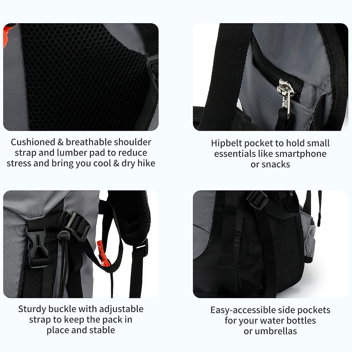 Shanyk Waterproof Hiking Backpack 36L | Lightweight Daypack with Rain Cover for Travel Outdoor Sports Camping Backpacking (Grey)