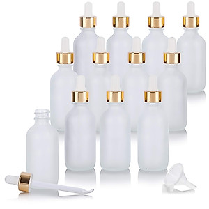 JUVITUS 2 oz Frosted Clear Glass Boston Round Bottle with Gold Metal and Glass Dropper (12 pack) + Funnel