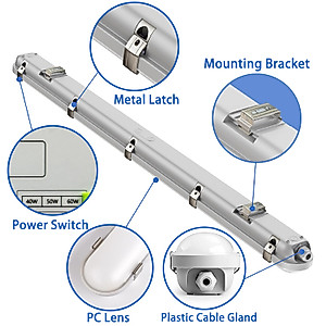 DOSILIO 4FT LED Vapor Tight Light Fixture, 60W-50W-40W Power Selectable 5000K, IP65 Waterproof Industrial Surface Mount LED Shop Lights for Carport, Garage, Freezer, 100-277V, ETL Listed, 4-Pack