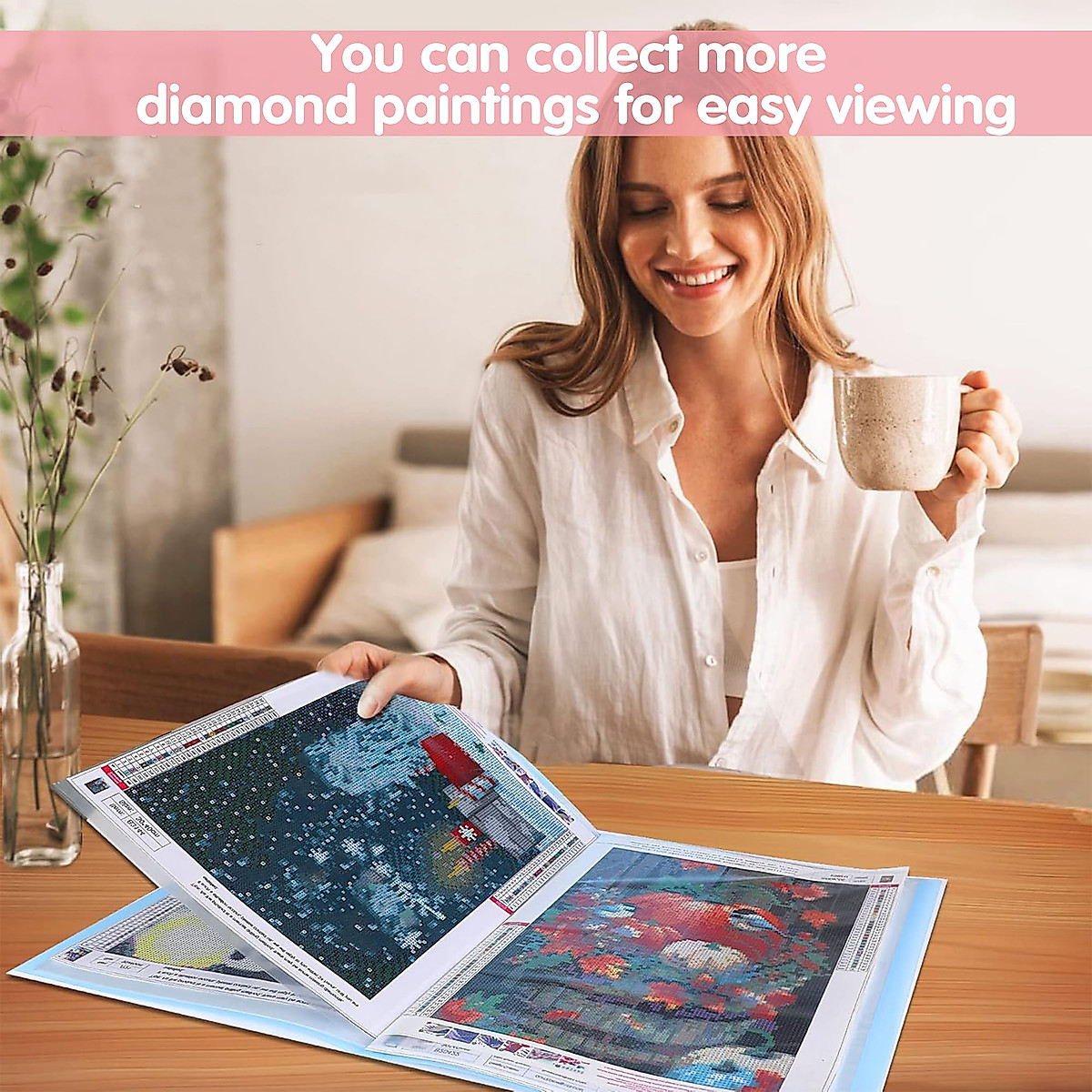 SKRYUIE A3 Diamond Painting Storage Book - 60 Diamond Painting Capacity, 30 Pages Protectors, 17.2x12.8 inches, Portfolio Folder for Diamond Painting Presentation and Organization - Pink