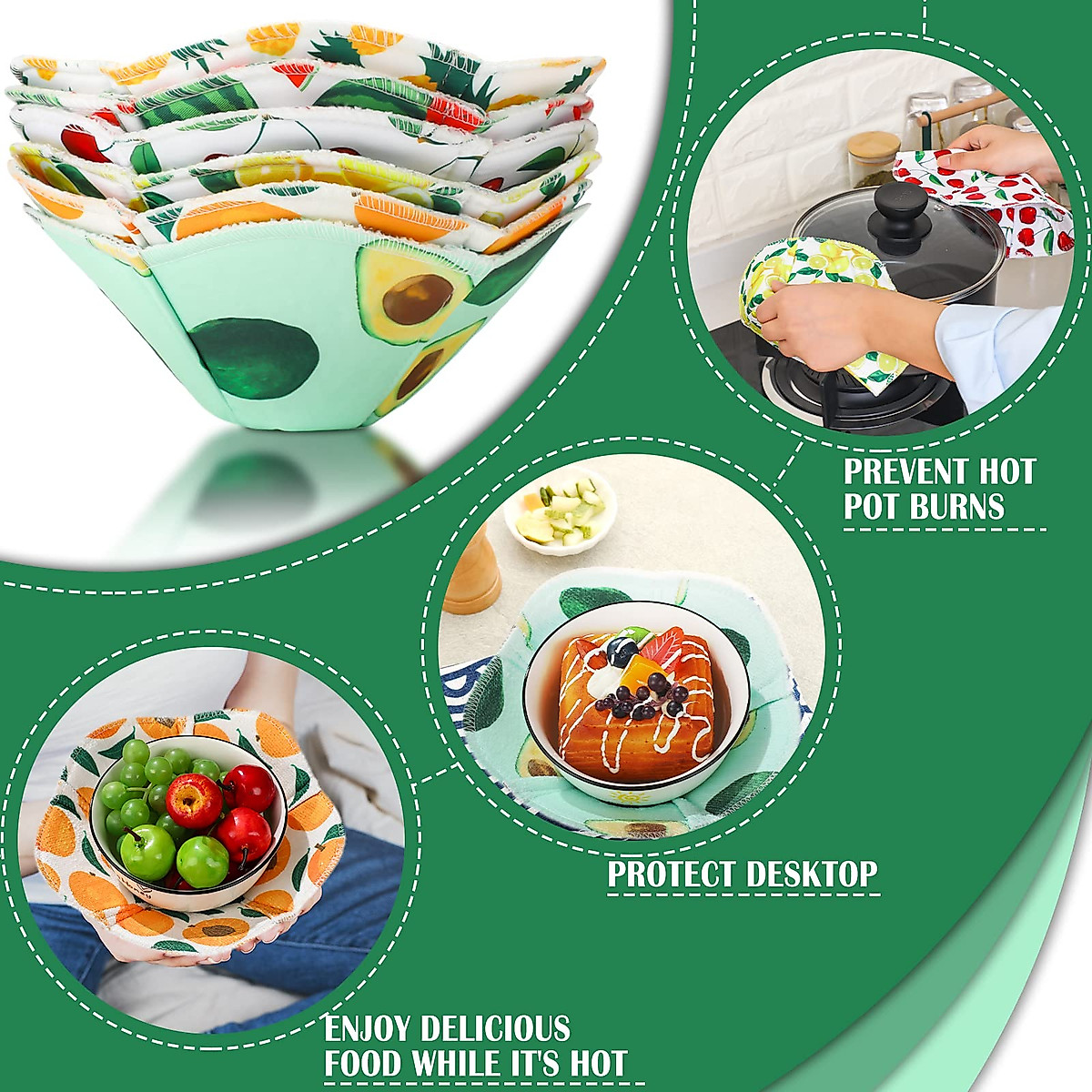 6 Pieces Microwave Bowl Holders Fruit Pattern Safe Hot Soup Holder Cotton Heat Resistant Bowl Cozy Multipurpose Food Dish Pads Potholders for Rice and Pasta Bowls Home Kitchen Supplies