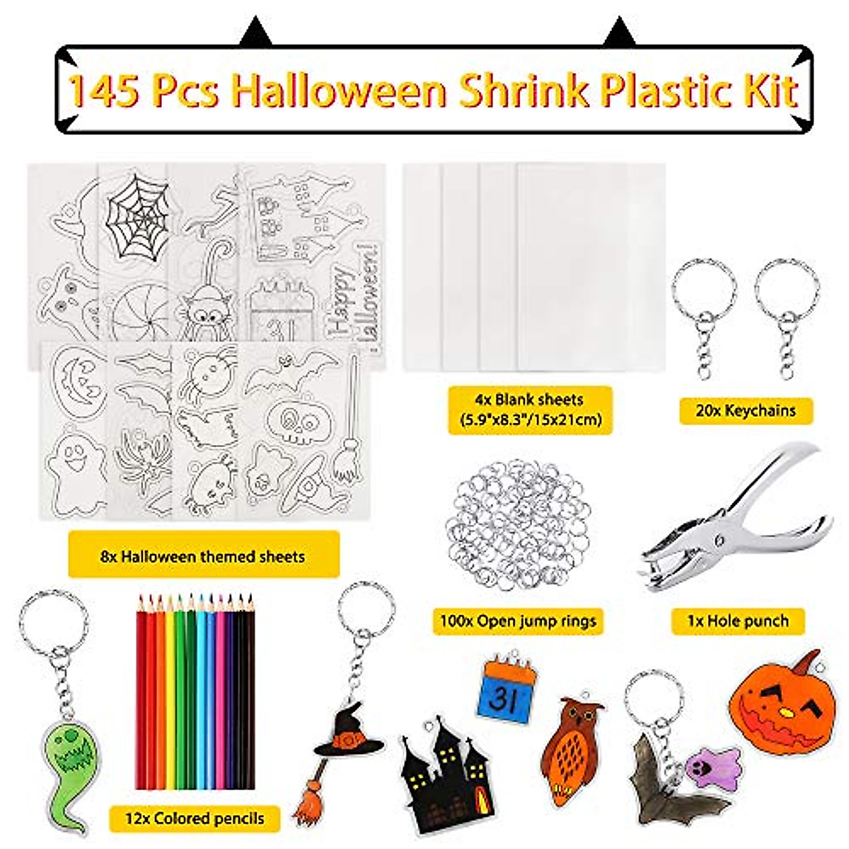 Auihiay 145 Pieces Halloween Heat Shrink Plastic Sheet Kit Include 8 Shrink Paper with Halloween Patterns, 4 Blank Shrink Film Papers, Hole Punch, Keychains, Pencils for Kids DIY Creative Craft