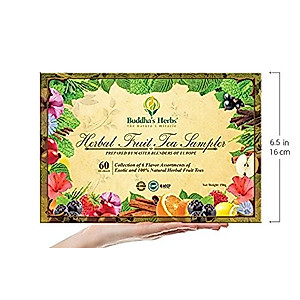 Buddha's Herbs Herbal Fruit Tea Sampler, Caffeine-Free Flavored Herbal Tea, Immune Support, 6 Exotic Blends of Organic Herbs, Perfect for Christmas and New Year Gifts, 60 Count Decaffeinated Tea Bags