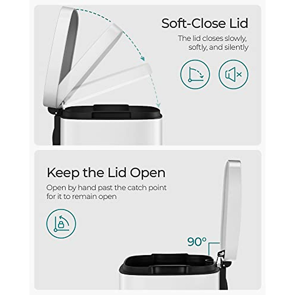 SONGMICS 8-Gallon Trash Can, Stainless Steel, with Hinged Lid, Plastic Inner Bucket, Soft Closure, Odor Proof, Hygienic, White