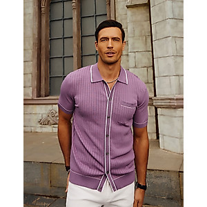 Mens Short Sleeve Knit Shirt Vintage Button Down Golf Polo Shirt Purple S