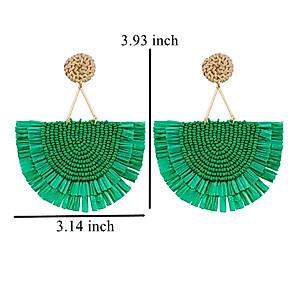 COIRIS Bohemia Beaded Fringe Statement Earrings with Long Dangling Tassel Raffia Earrings for Women(ER1183-Green Big)