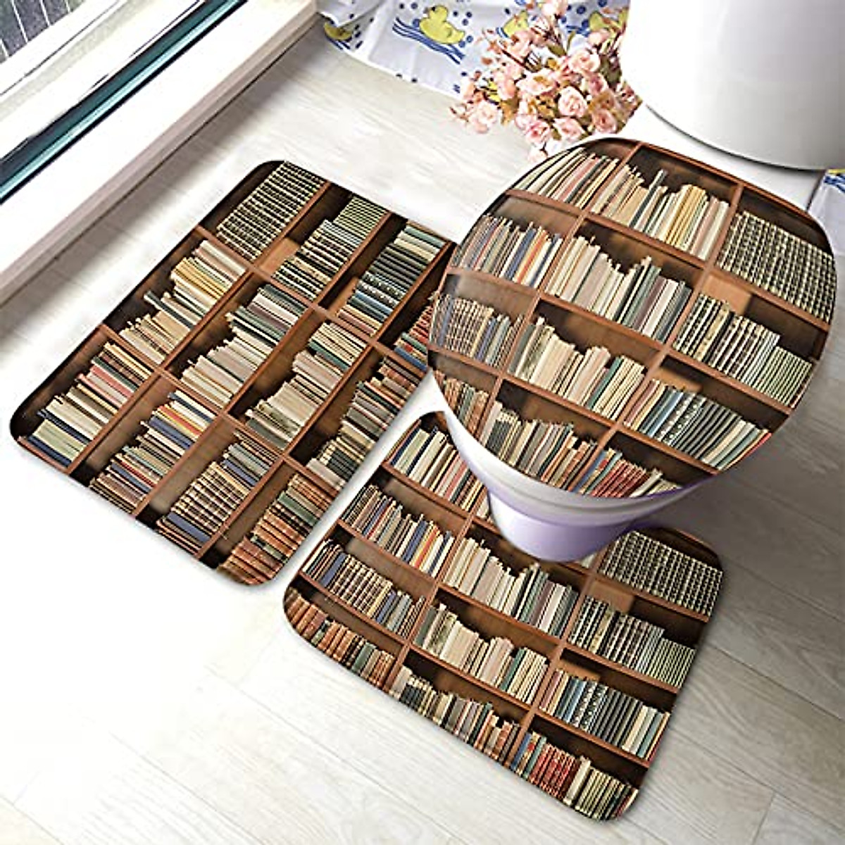 WONDERTIFY Library Bathroom Antiskid Pad Old Book Collection Brown Shelf 3 Pieces Bathroom Rugs Set, Bath Mat+Contour+Toilet Lid Cover Multicolor