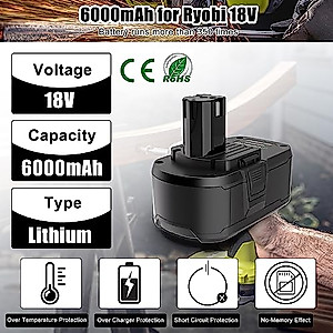 REACELL 2Pack 6.0Ah 18 Volt Replacement Batteries for Ryobi Lithium 18V Battery P197 P189 P108 P191 P190 P102 P103 PBP005 P104 P105 P107 P122 Compatible for Ryobi 18V Cordless Tools