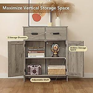 Quimoo Storage Cabinet, Bathroom Floor Cabinet with 2 Drawers & Adjustable Shelves, Bathroom Storage Cabinet with 2 Doors for Living Room, Bedroom, Home Office, Grey