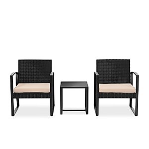 Patio Outdoor Rattan Furniture Set, 3 Pcs. Per Set - Includes 2 Single Chairs with Soft Cushion and 1 Glass-top Coffee Table, Black Weather-Resistant Resin Wicker Rattan