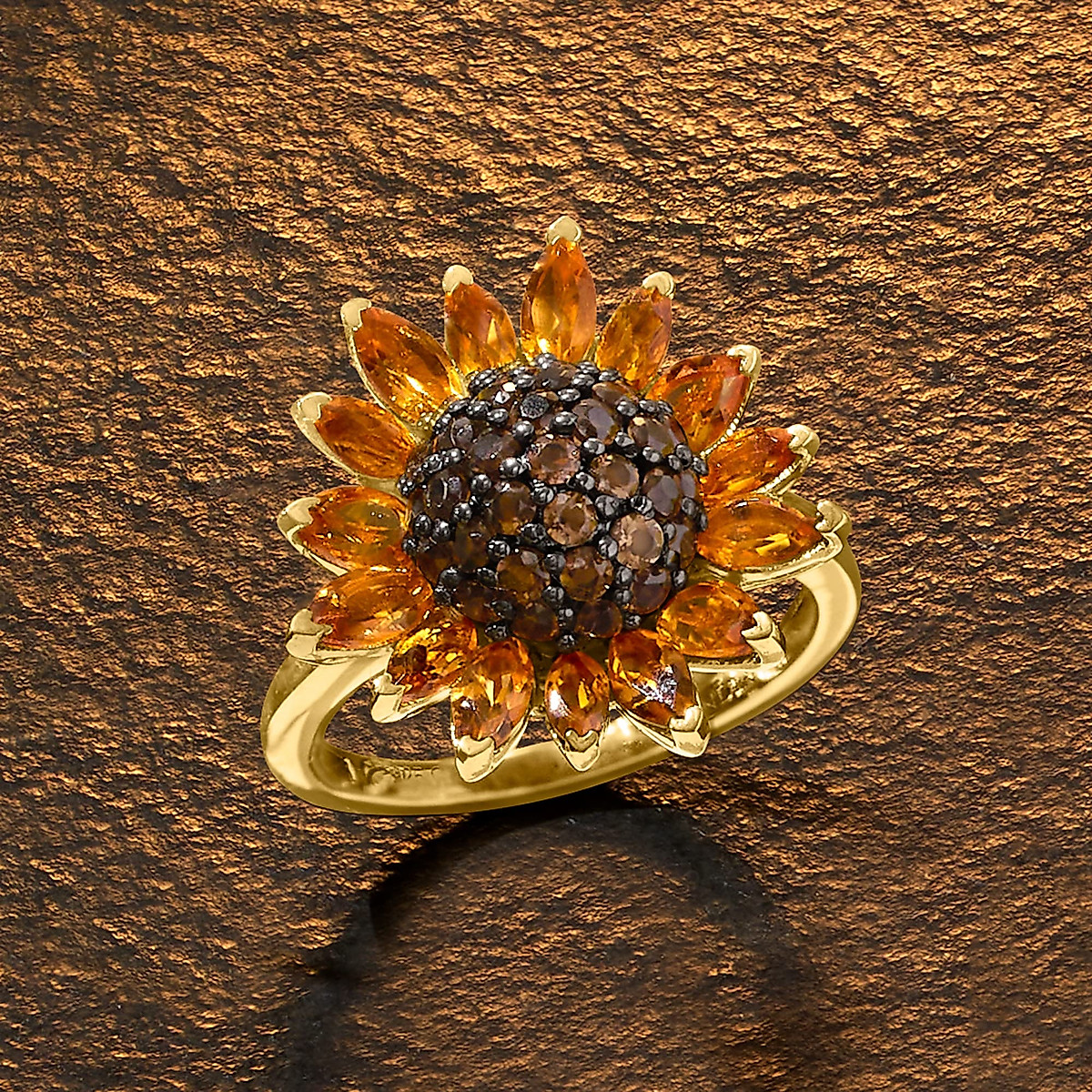 Ross-Simons 1.70 ct. t.w. Citrine and .80 ct. t.w. Smoky Quartz Sunflower Ring in 18kt Gold Over Sterling. Size 7