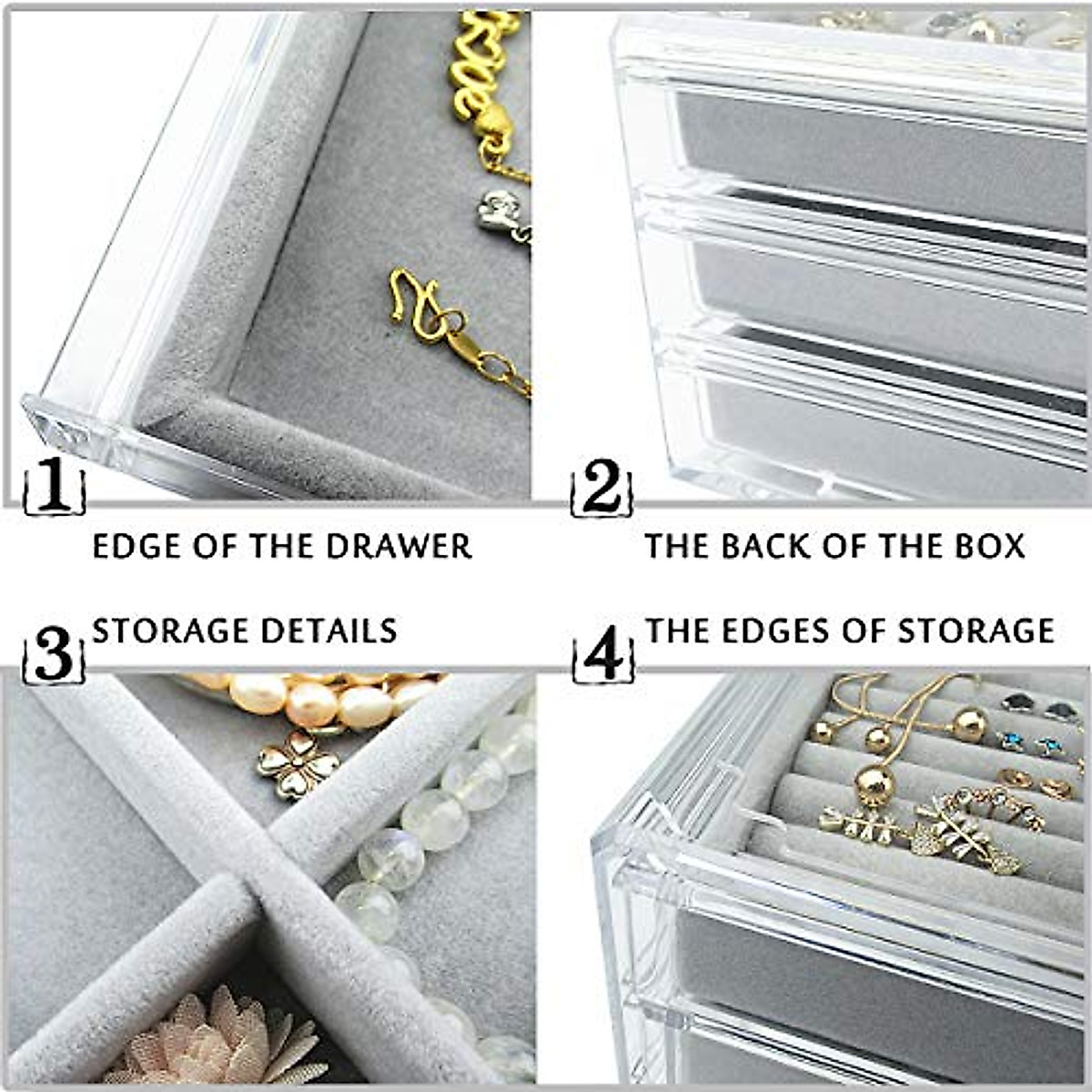 Acrylic Jewelry Box 3 Drawers, Velvet Jewellery Organizer, Earring Rings Necklaces Bracelets Display Case Gift for Women, Girls
