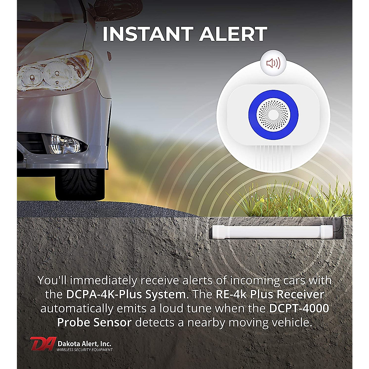 Dakota Alert Driveway Alarm Sensor - DCPA-4k Plus Driveway Alarms Wireless Outside Weatherproof Alert System, 1-Mile-Long Range Sensors, Receiver & Vehicle Detecting Probe Transmitter & 50' Wire