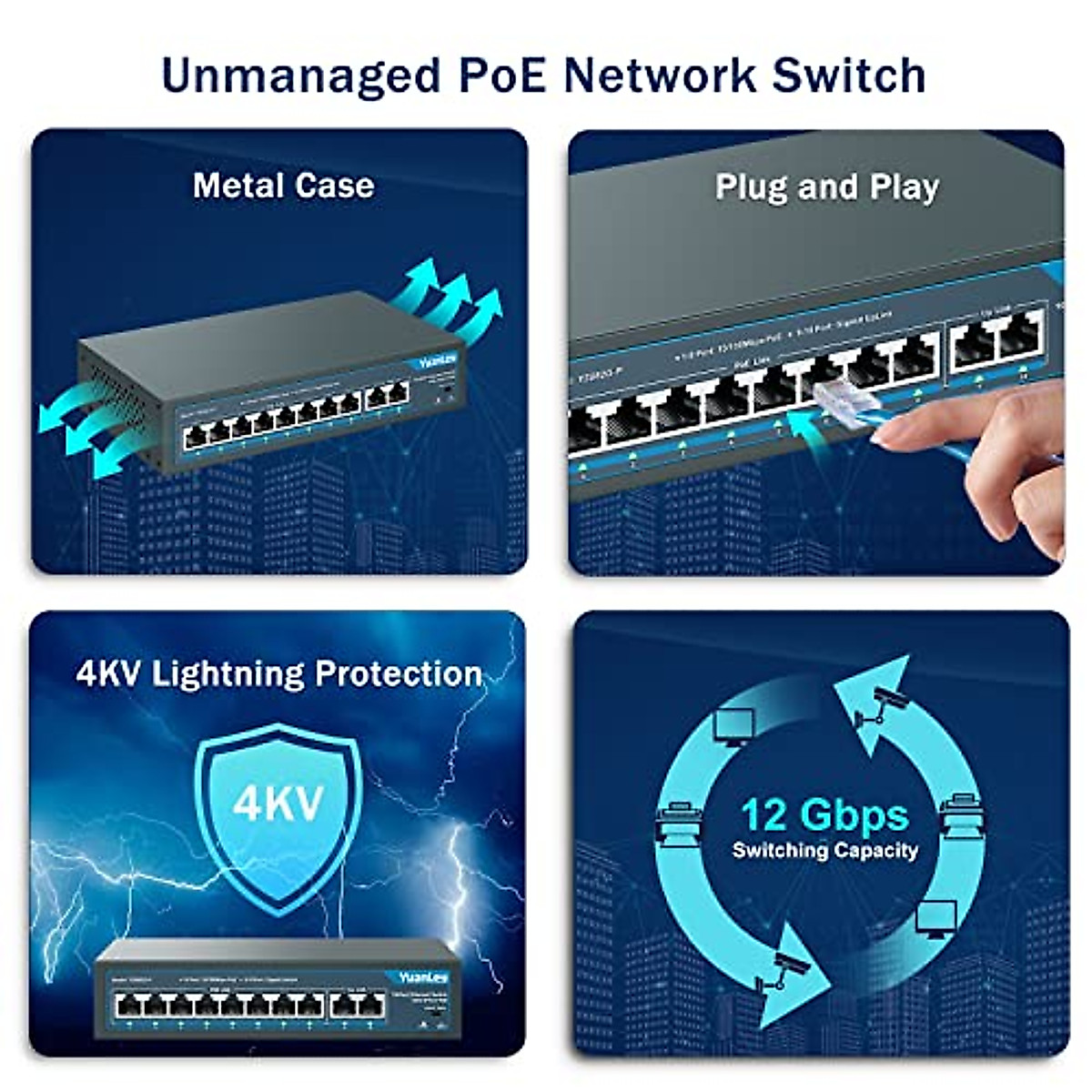 YuanLey 8 Port PoE Switch with 2 Gigabit Uplink, 8 PoE+ Port 100Mbps, 120W 802.3af/at, Extend Function, Metal, Fanless, Unmanaged Plug and Play Network Switch