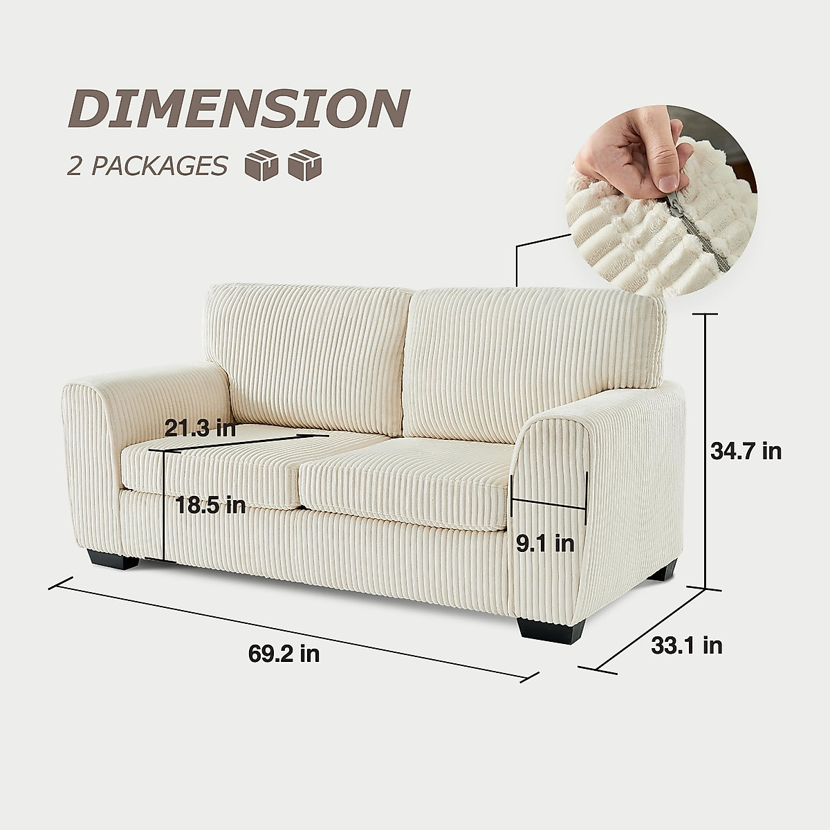 Weture 70" Corduroy Cozy Comfy Comfortable Overstuffed Couch Sofa Loveseat, Extra Deep Seat Loveseat Sofa Couches for Living Room, Modern Loveseat Couch Sofa with Wide Armrests, Beige