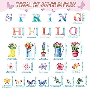 68 Pcs Hello Spring Cut Outs with 100 Pcs Glue Points Spring Floral Cut Outs Spring Bulletin Board Set Flower Plants Spring Cutouts Bulletin Board Decorations for Classroom School Game (Cute Style)