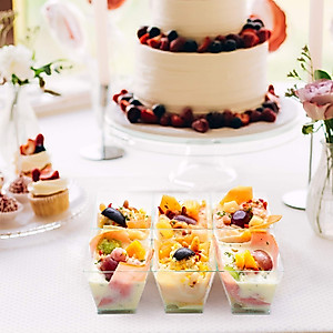 Oasis Creations Square Mini Dessert Cup - 3.5 ounce - 50 Count - Lids & Spoons Included - Clear Plastic - Appetizer Cup - Parfait Cup - Dessert Cup -Disposable or Reusable (50 Pack)